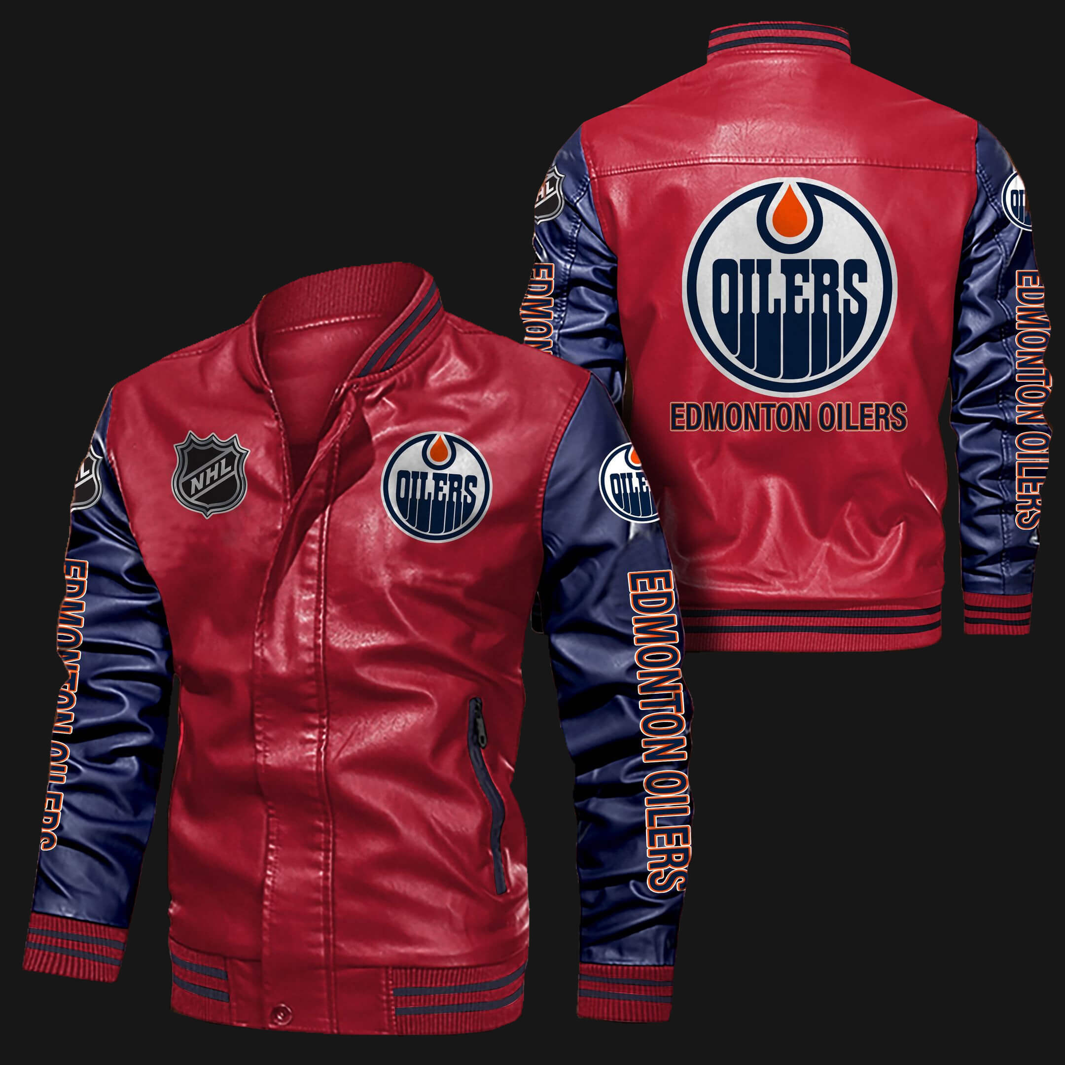 Edmonton Oilers Red Navy Bomber Leather Jacket - Maker of Jacket