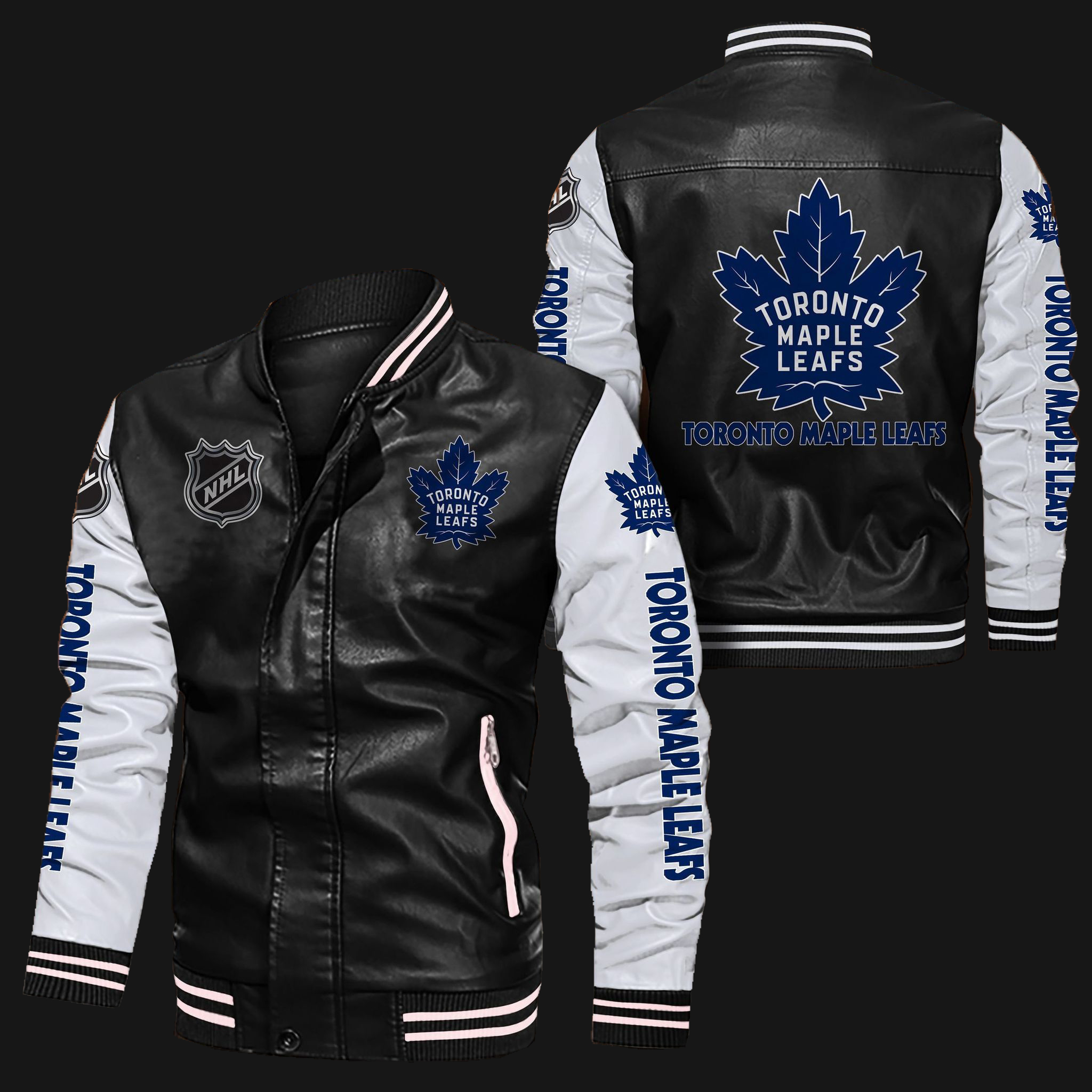 Toronto Maple Leafs Black White Bomber Leather Jacket - Maker of Jacket