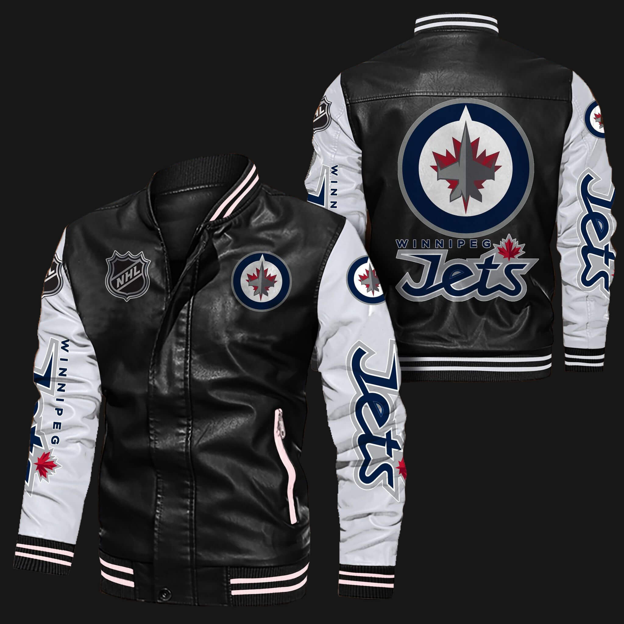 Winnipeg Jets Black White Bomber Leather Jacket - Maker of Jacket