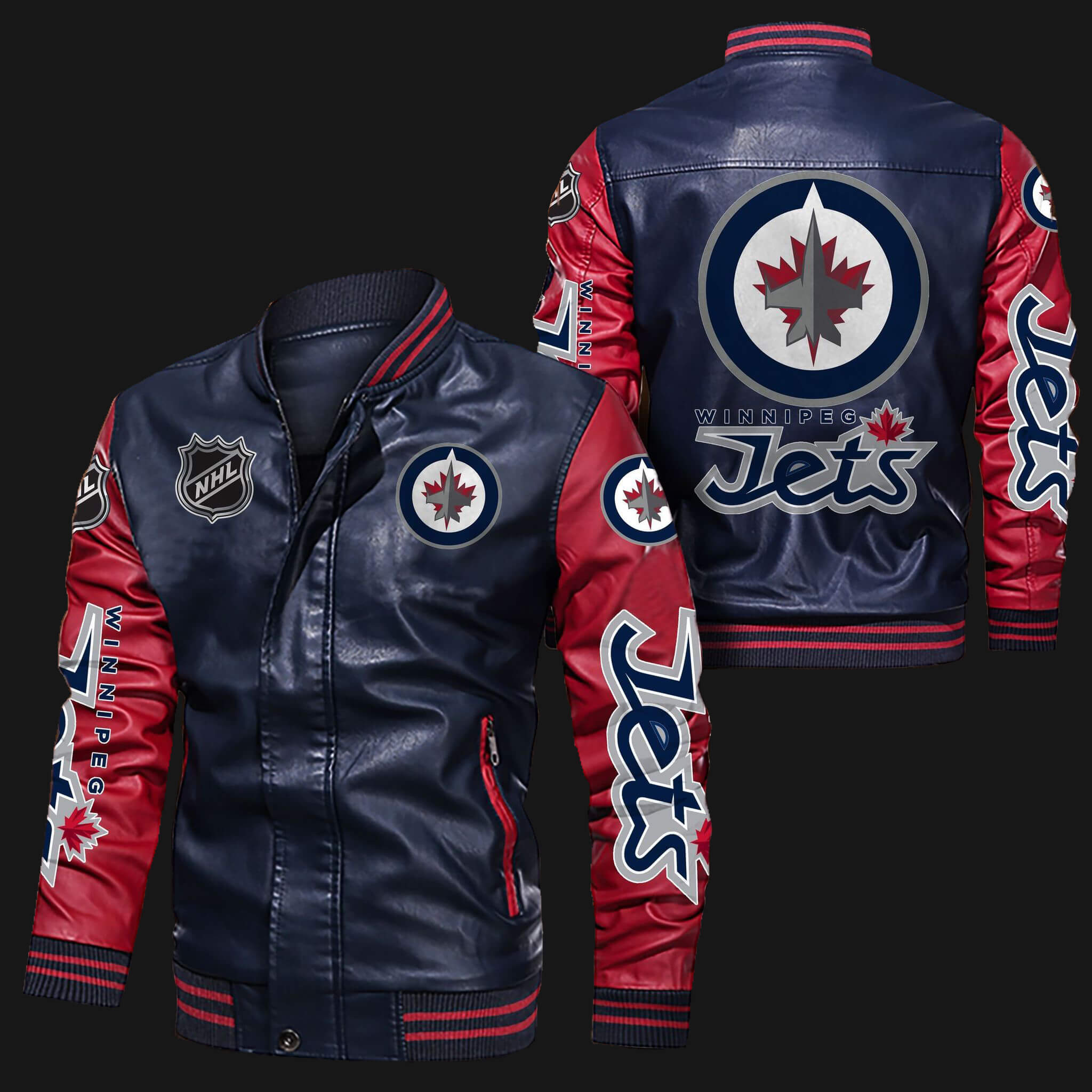 Winnipeg Jets Navy Red Bomber Leather Jacket - Maker of Jacket