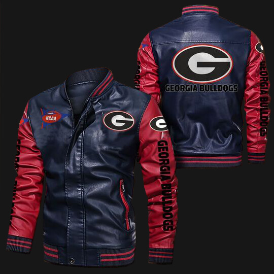 Georgia Bulldogs Blue Red Bomber Leather Jacket - Maker of Jacket