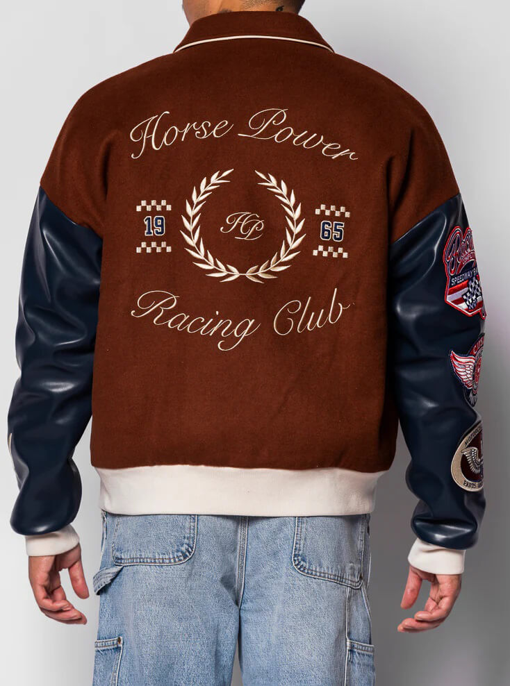 Brown Navy Horse Power Racing Club Varsity Jacket - Maker of Jacket