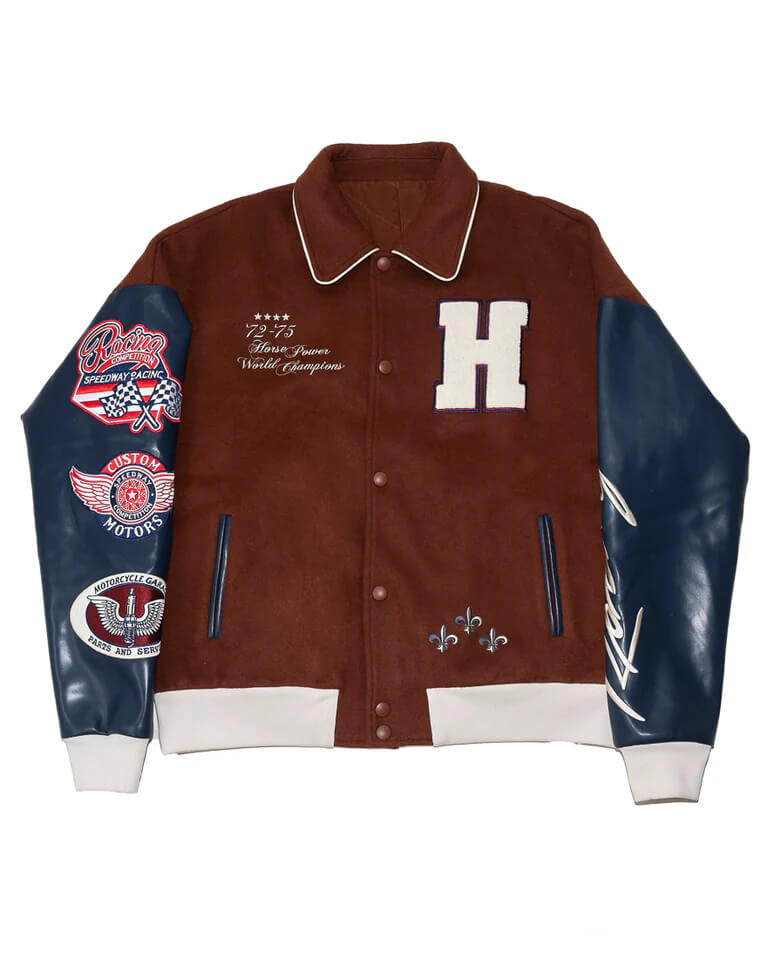 Brown Navy Horse Power Racing Club Varsity Jacket - Maker of Jacket