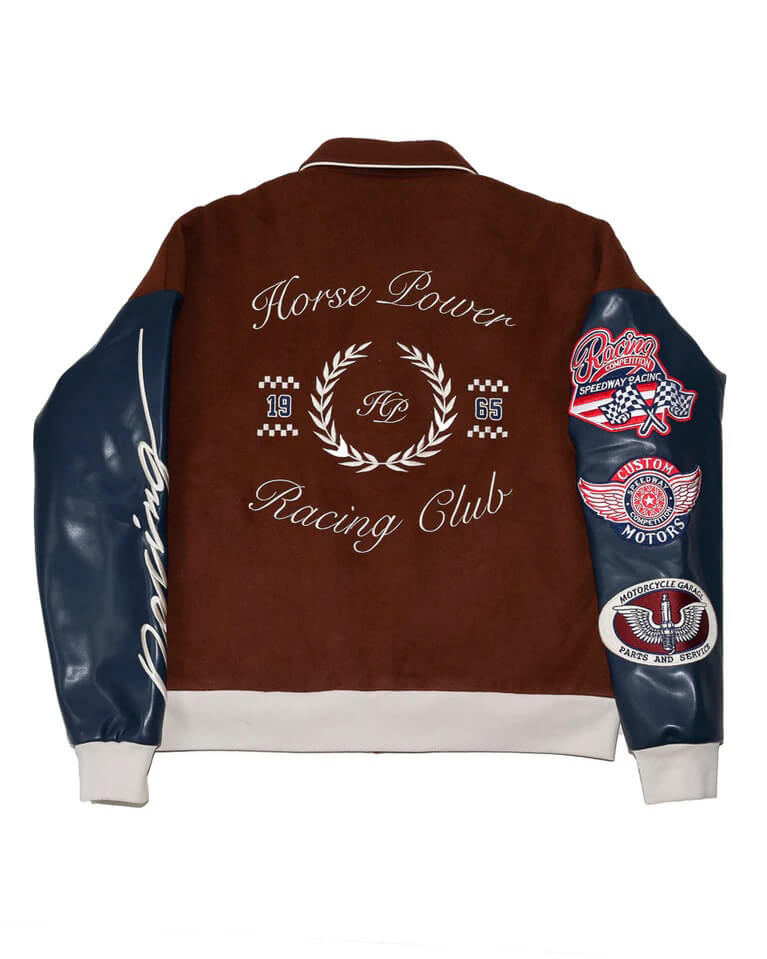 Brown Navy Horse Power Racing Club Varsity Jacket - Maker of Jacket