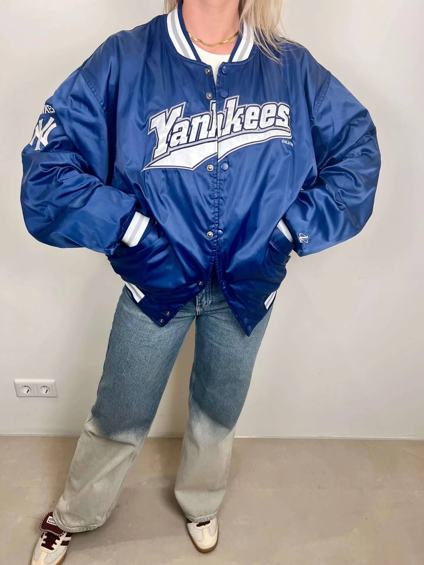Blue New York Yankees Bomber Satin Jacket - Maker of Jacket