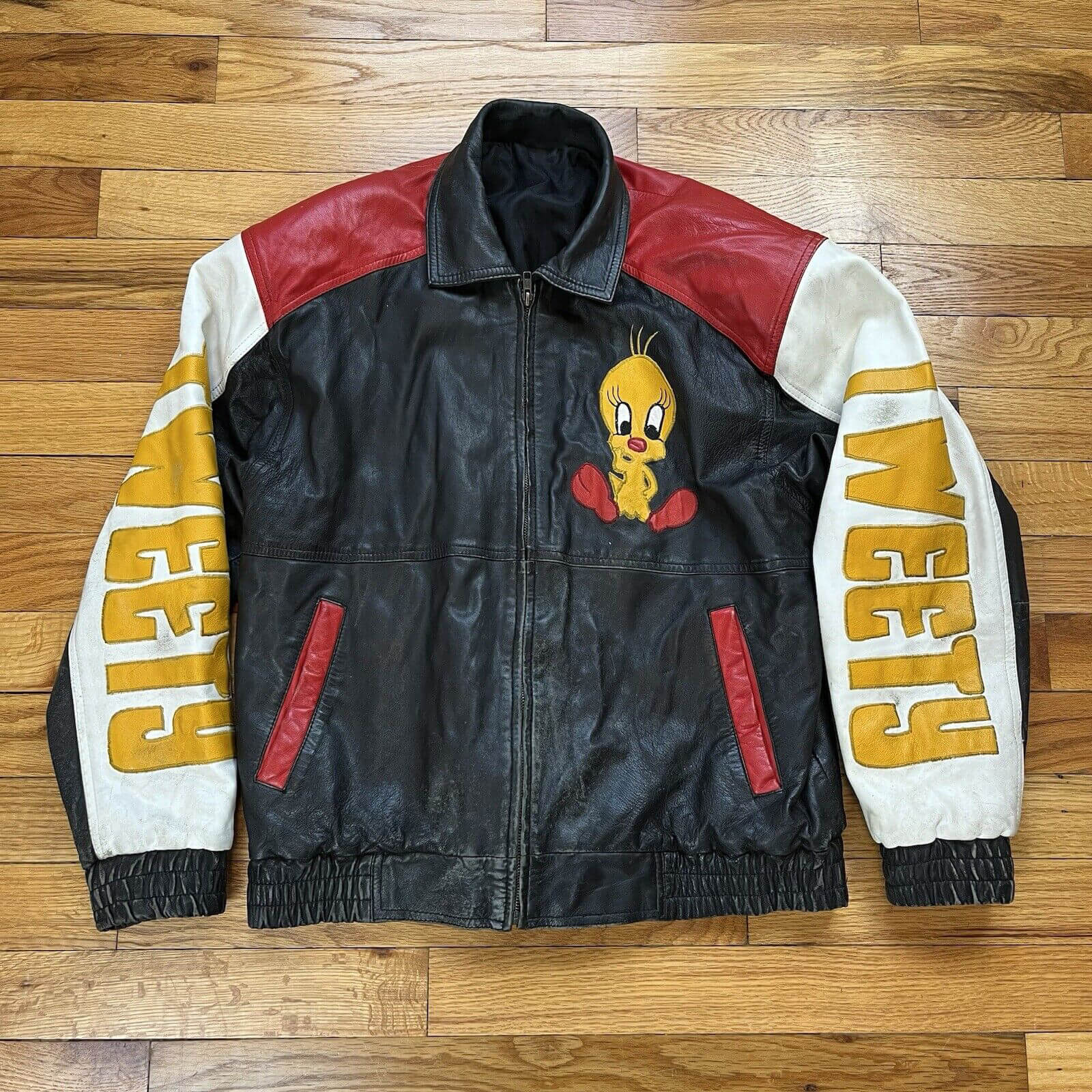 Vintage Looney Tunes Tweety Bird Tricolor Leather Jacket - Maker of Jacket