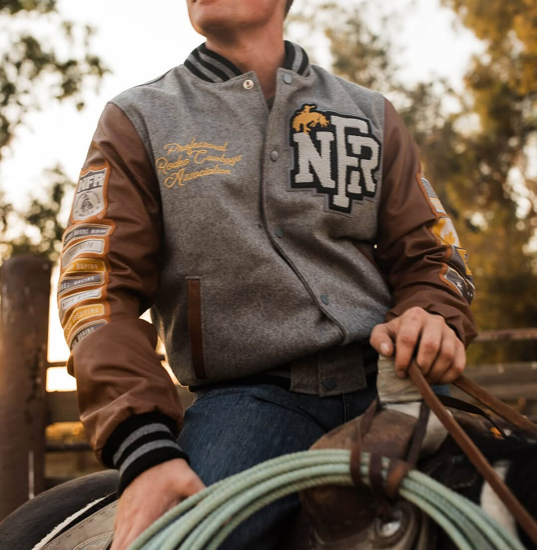 NFR Rodeo Las Vegas 2024 Grey Brown Varsity Bomber Jacket - Maker of Jacket