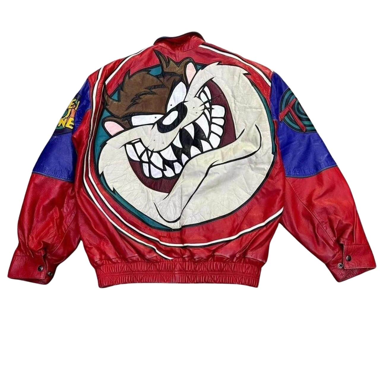 Tasmanian Devil Cartoon Color Block Leather Jacket - Maker of Jacket