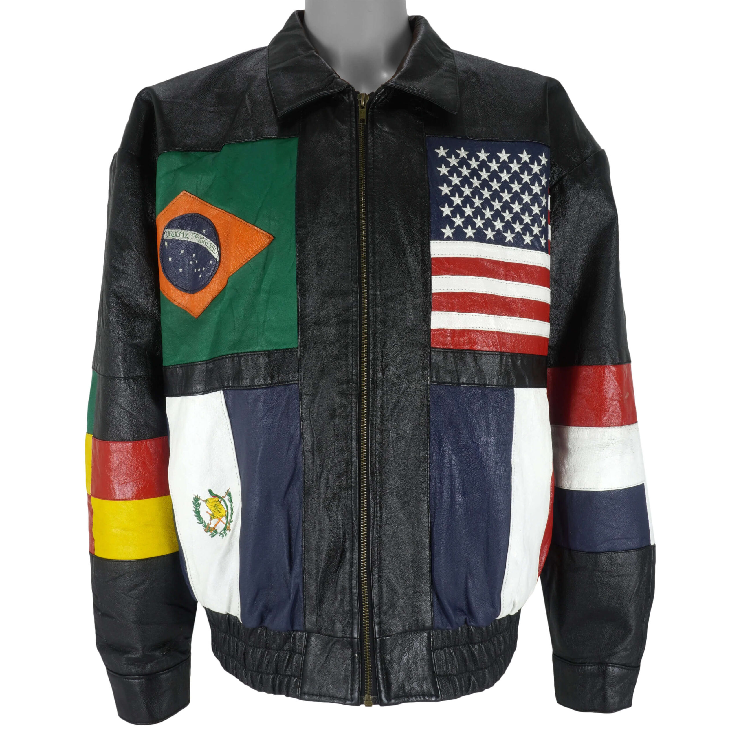 Vintage Multi National Flags Black Leather Jacket - Maker of Jacket